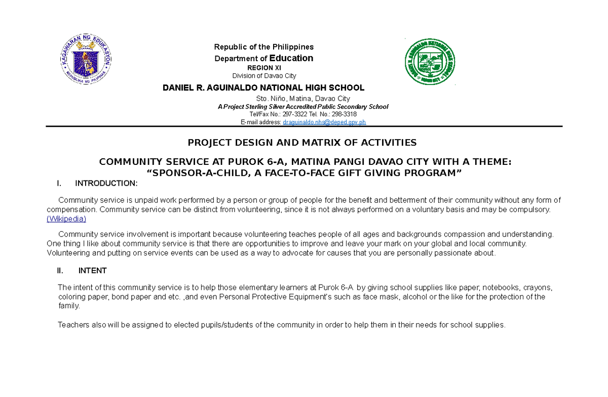 Project Design and Matrix of Activities - Republic of the Philippines ...