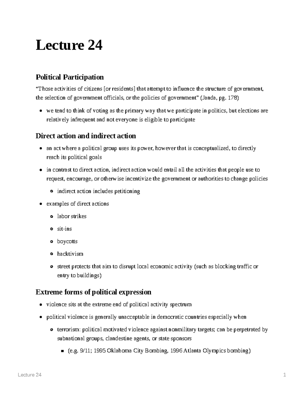 Lecture 24 - Cameron Dehart - Lecture 24 1 Lecture 24 Political Participation