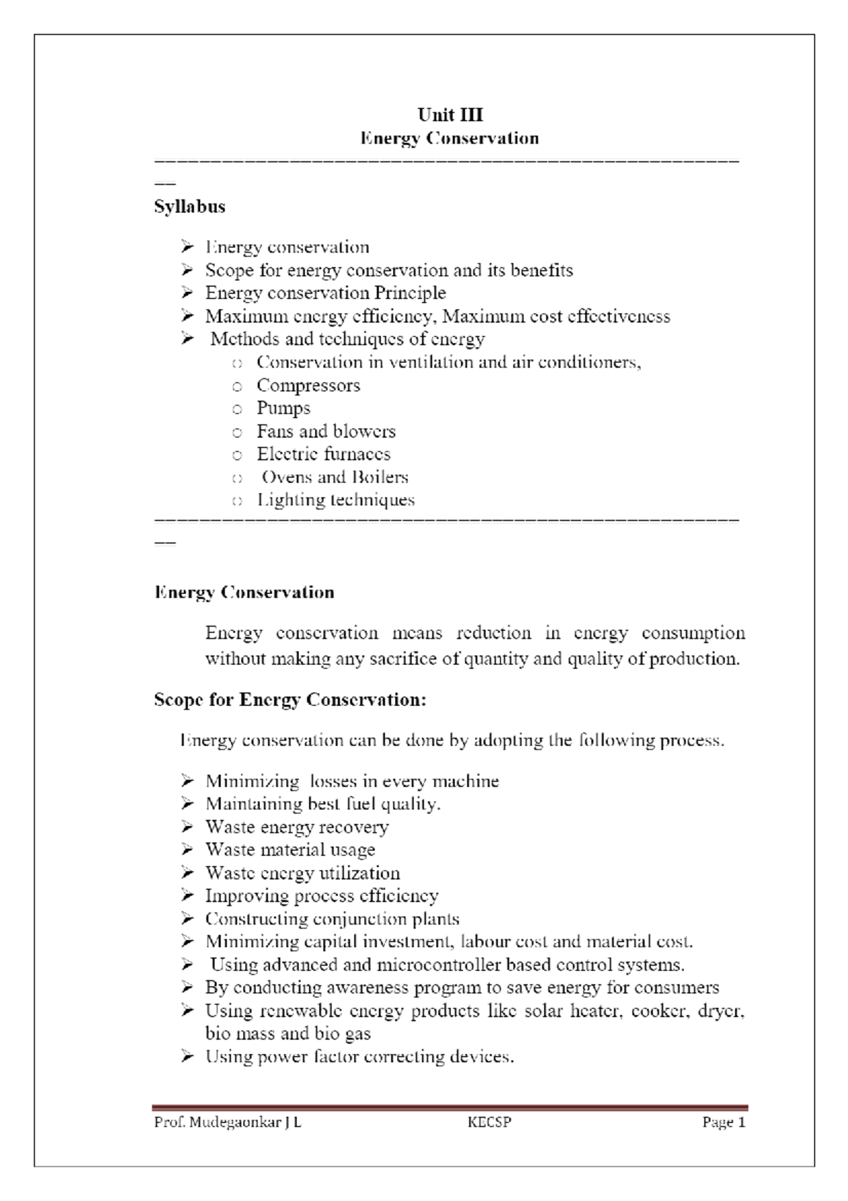 EEE chapter 3 notes - Unit Energy Conservation Syllabus Energy ...