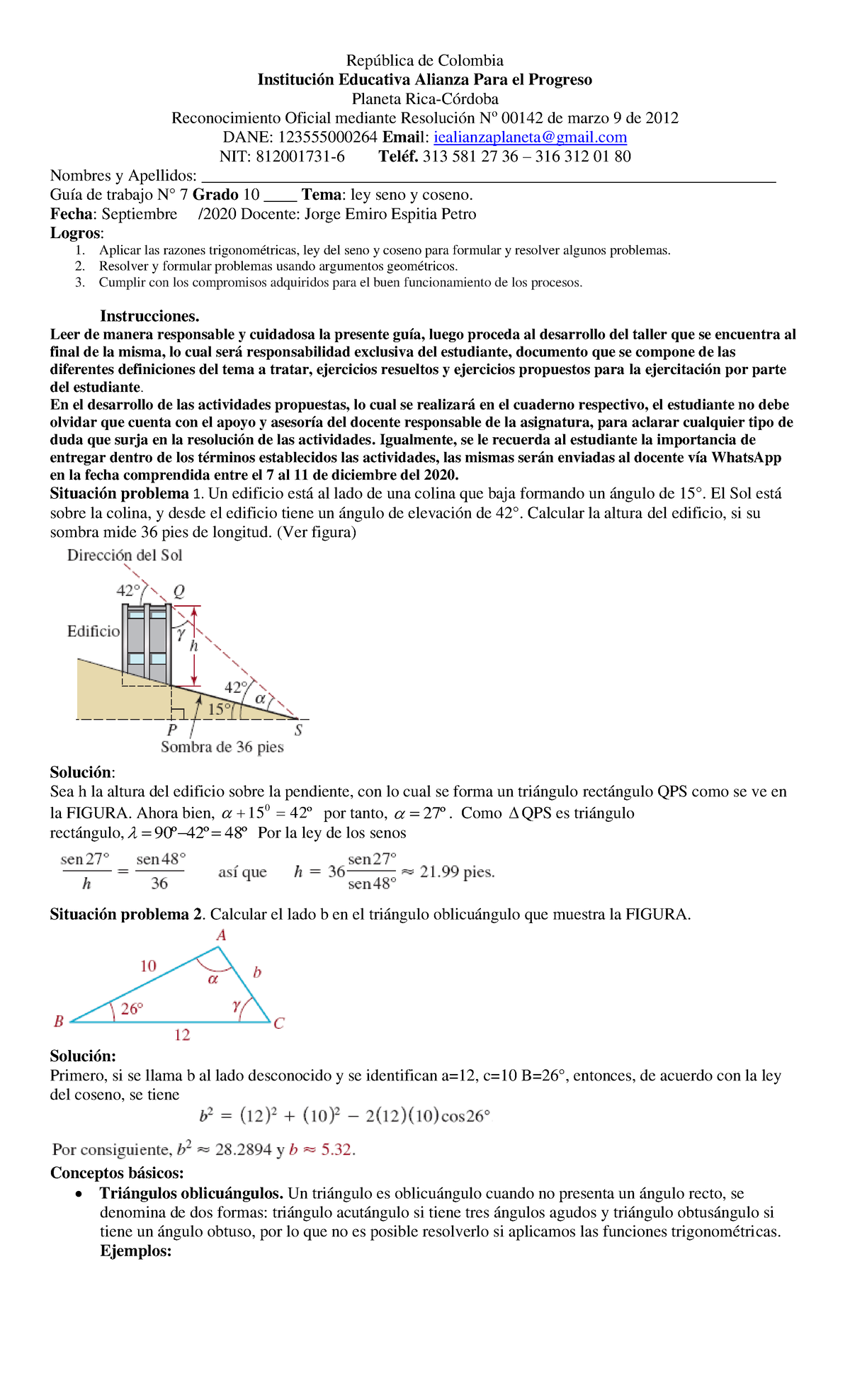 Matematicas 10° Guia N°7 - Warning: TT: undefined function: 32 República de Colombia Institución ...