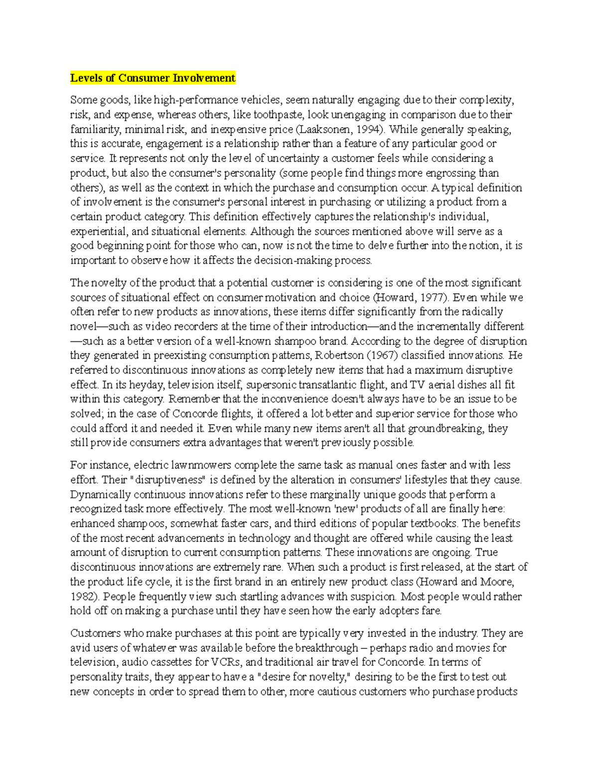 Levels of Consumer Involvement - While generally speaking, this is ...