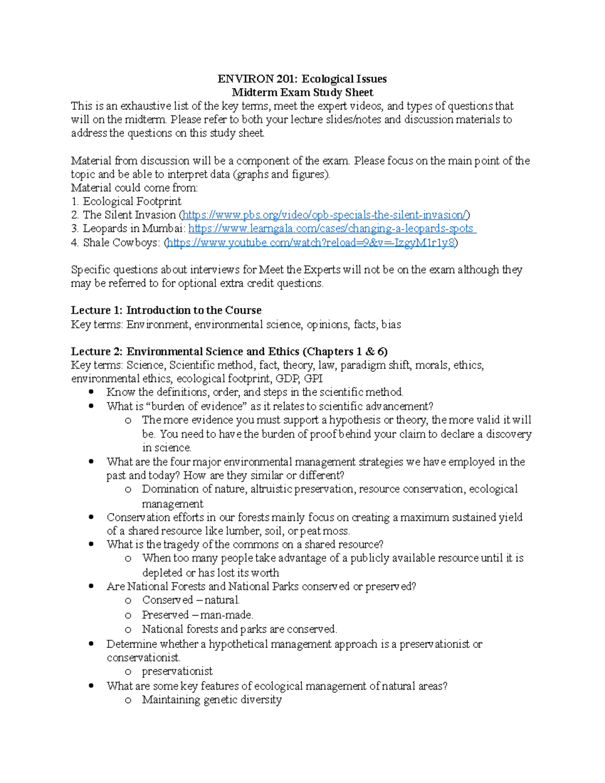 ENV 201 Midterm Exam Review Guide F23 - ENVIRON 201: Ecological Issues ...