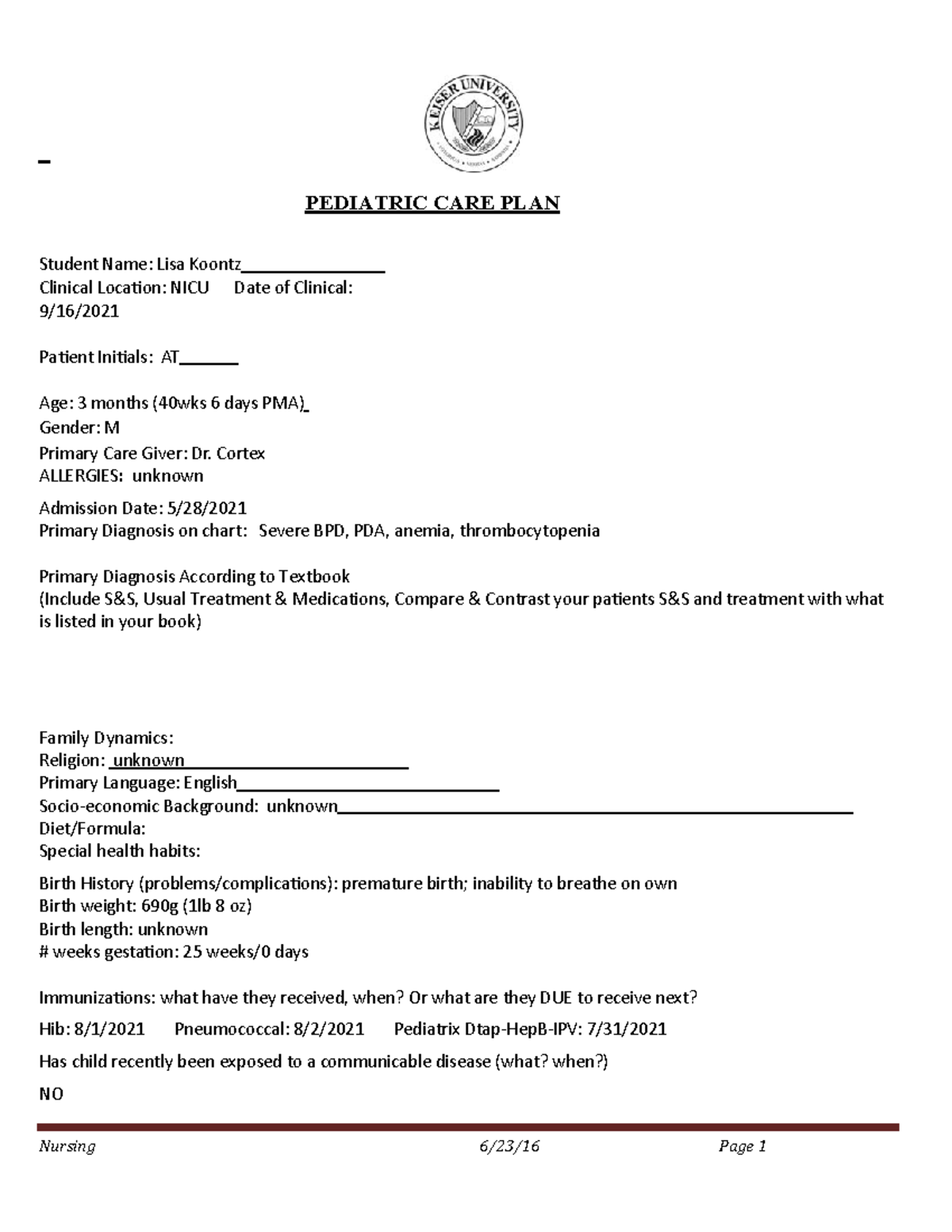PEDS CARE PLAN - PE D I A T R I C CARE P L A N Student Name: Lisa ...