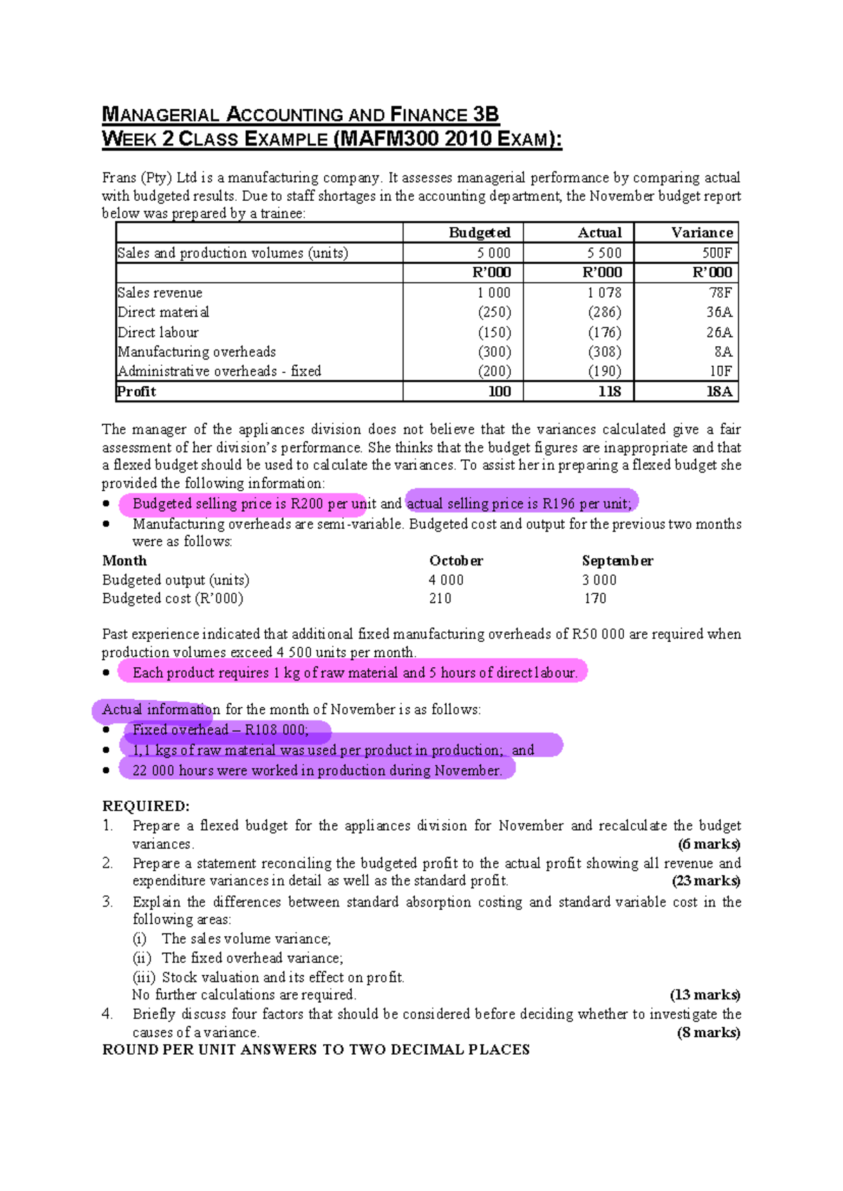 ACCT332 Week 2 Class example Standard Costing - M ANAGERIAL ACCOUNTING AND FINANCE 3 B WEEK 2 ...