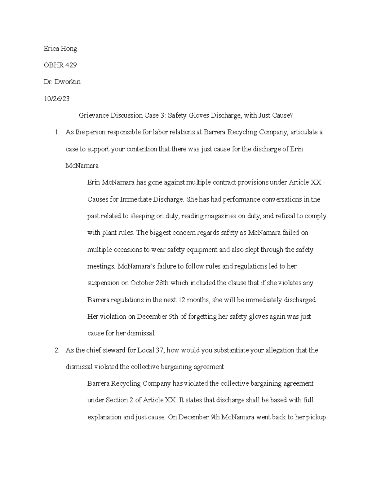 OBHR 429 Grievance Case EC - Erica Hong OBHR 429 Dr. Dworkin 10/26 ...