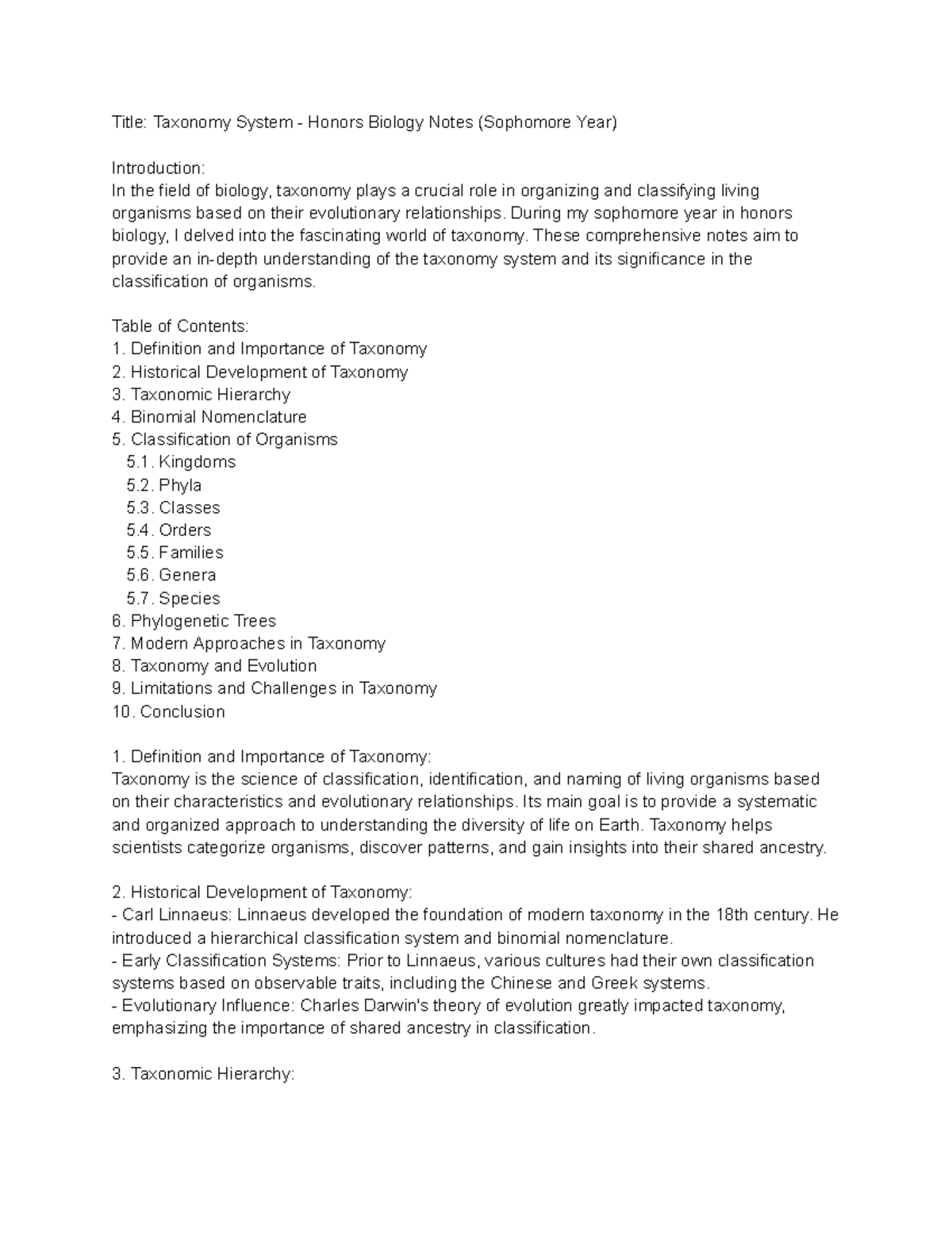 Taxonomy Honors Bio 10 - This document describes the taxonomic system ...