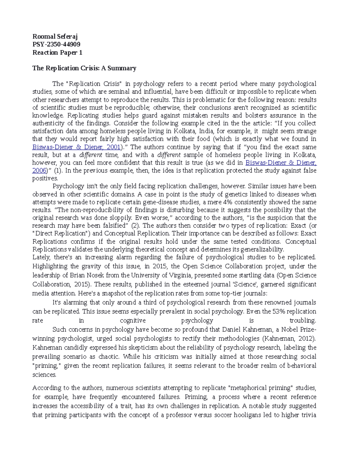 Replication and Philosophy Of Science - Roomal Seferaj PSY-2350 ...