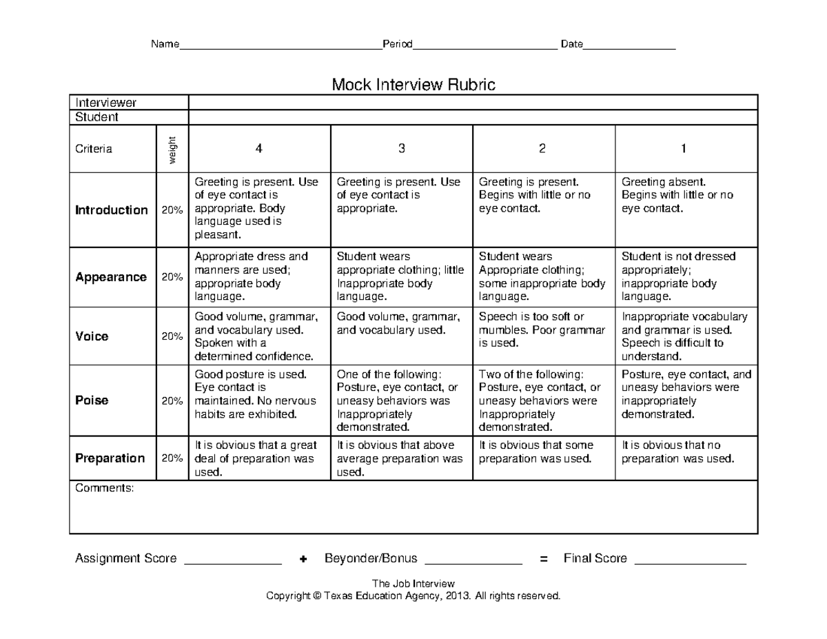 Mock-Interview-Peer Review Rubric - - Studocu