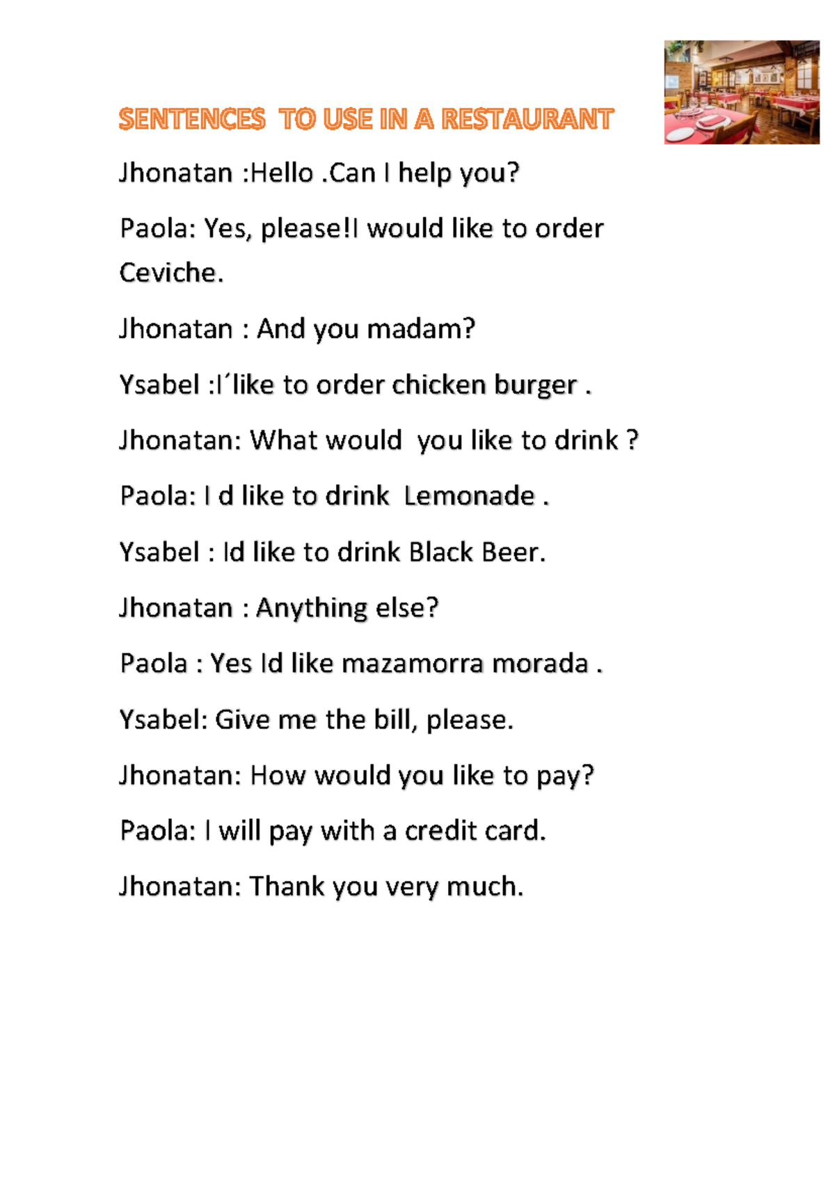 Sentences TO USE IN A Restaurant - Administración en salud - Jhonatan ...