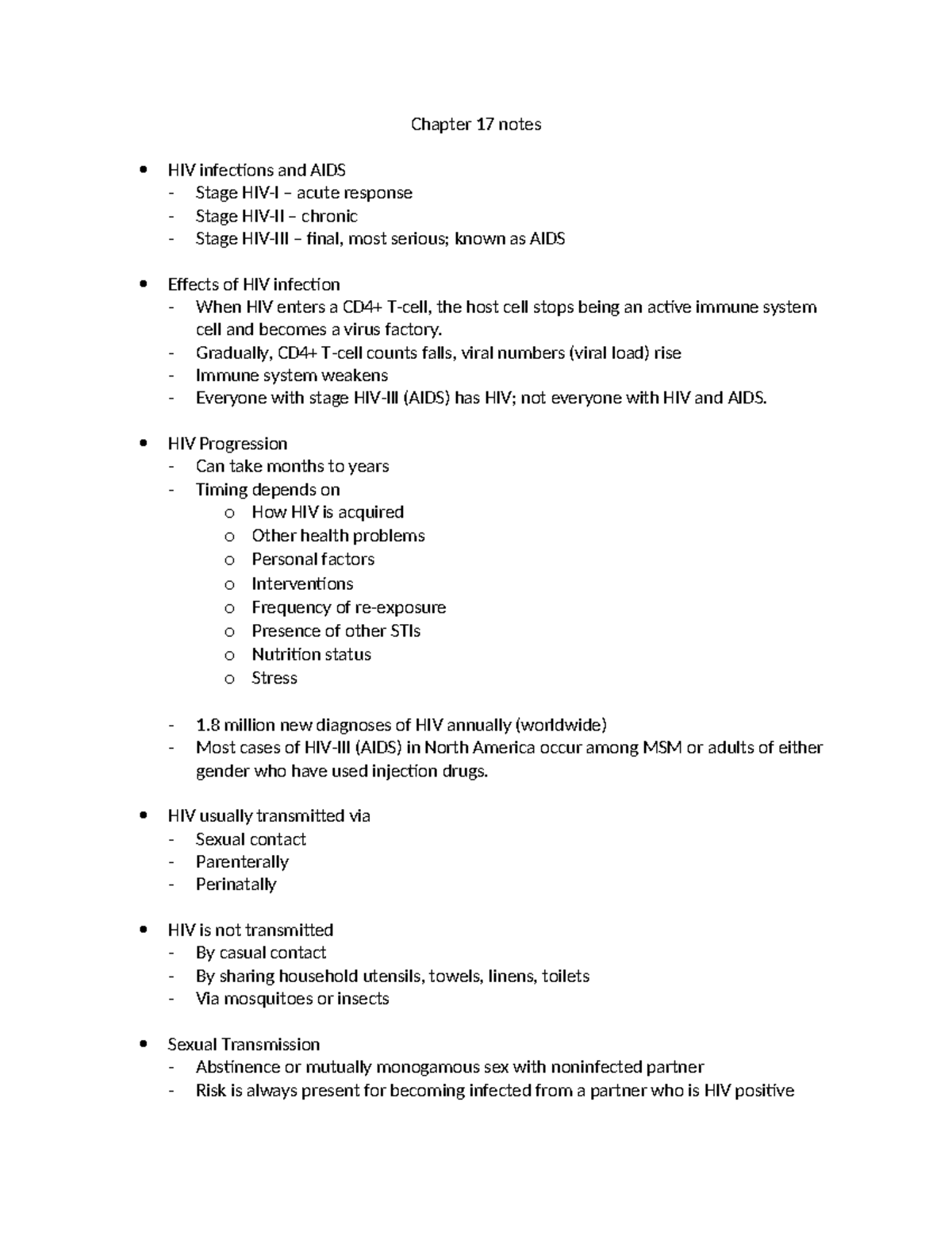 Chapter 17 notes - Chapter 17 notes HIV infections and AIDS Stage HIV-I ...