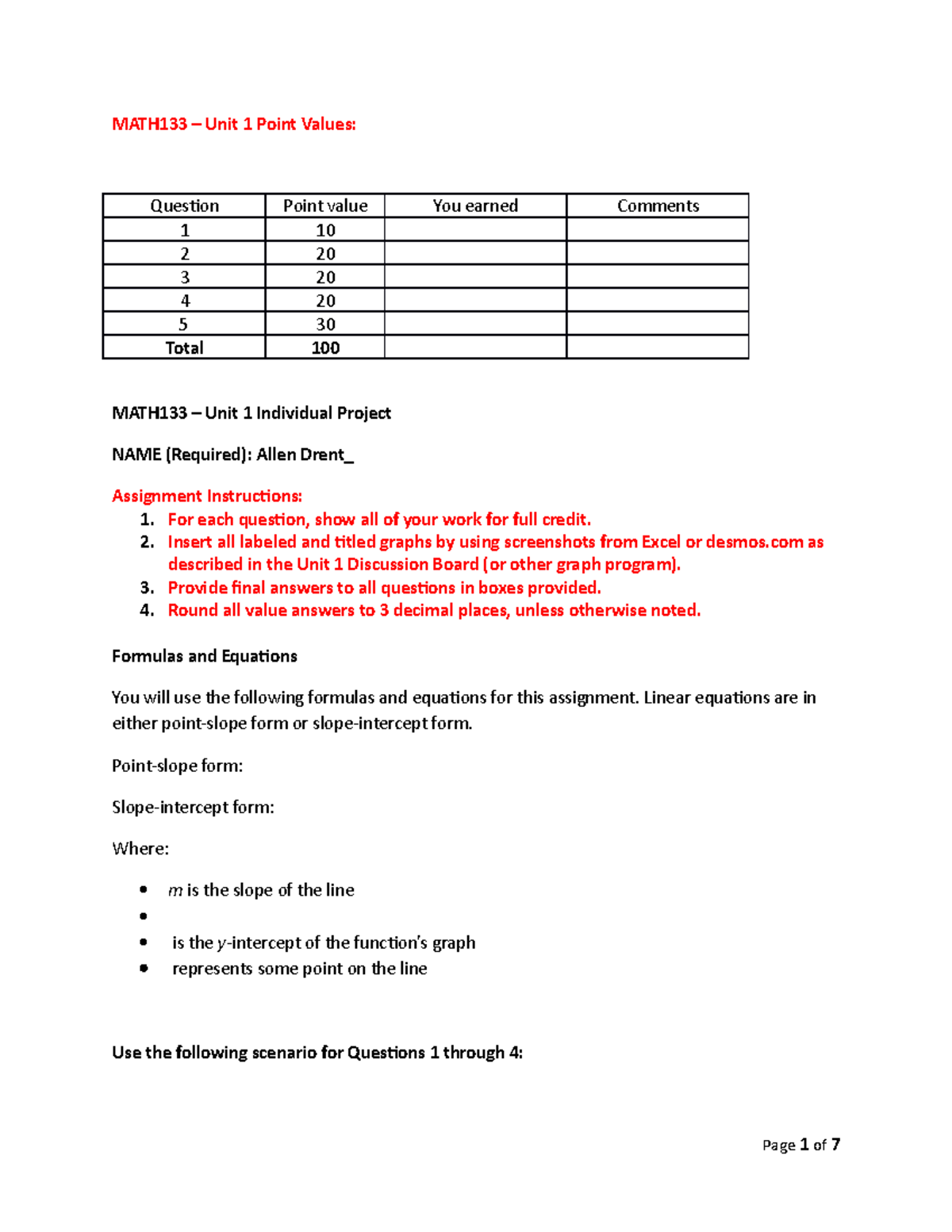 Drent U1 IP MATH133 - assignment - MATH133 – Unit 1 Point Values ...