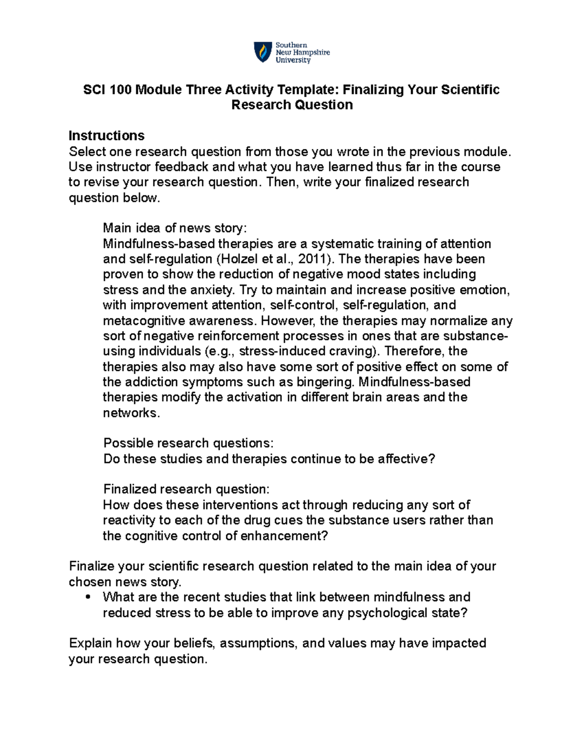 Assignment week 3 - SCI 100 Module Three Activity Template: Finalizing ...