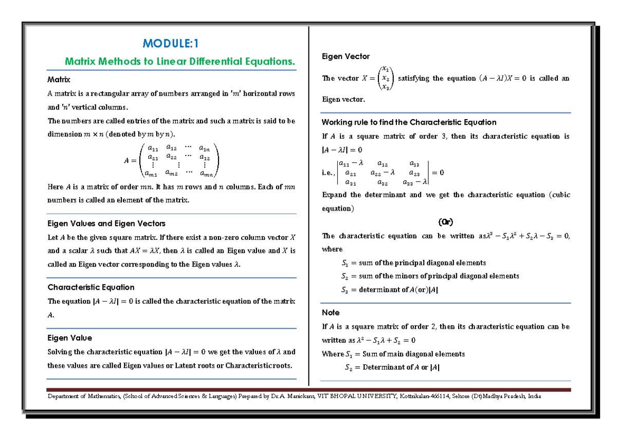 Module 1 - Notes - MODULE: Matrix Methods to Linear Differential ...