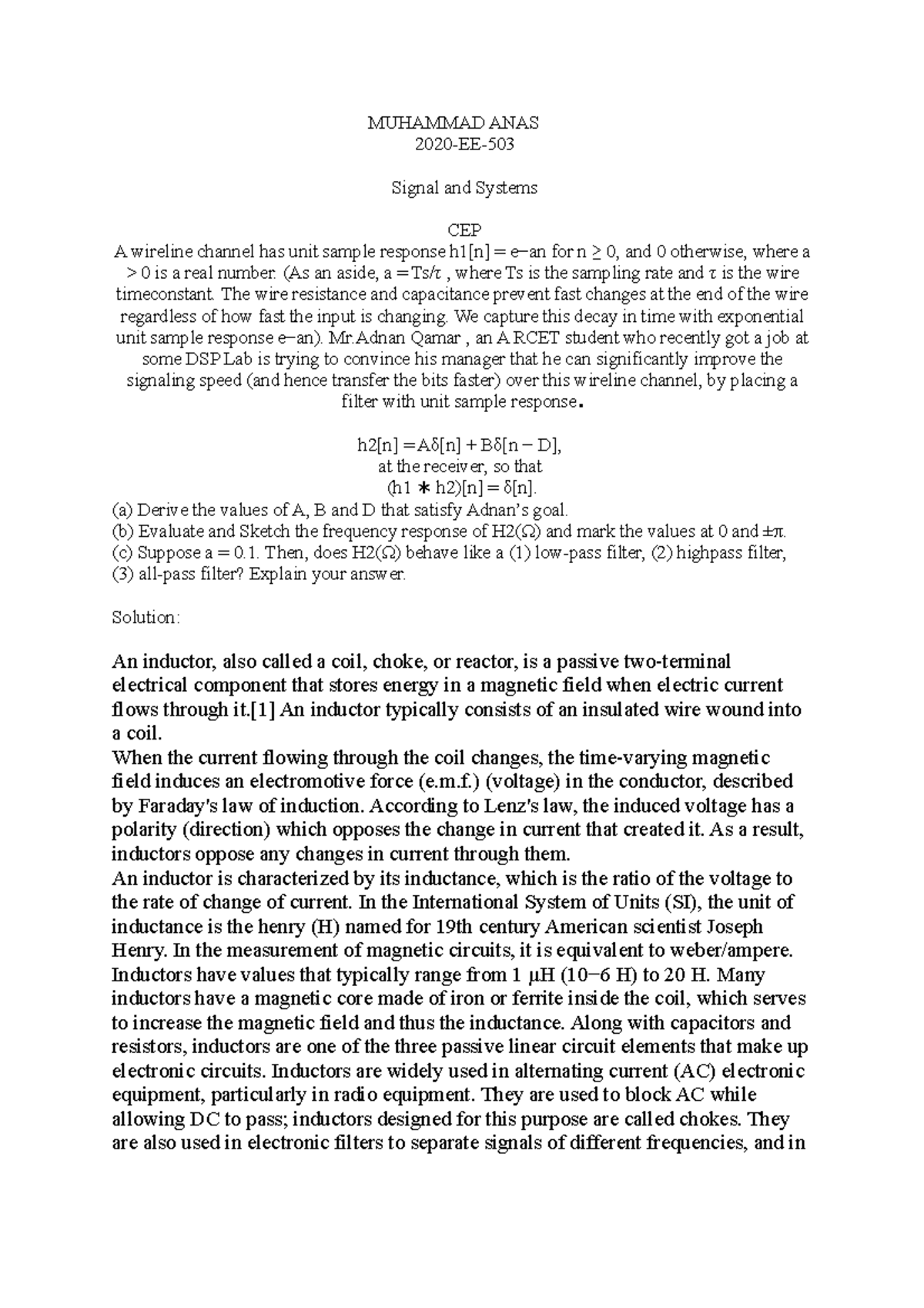 ANAS signal and system CEP - Signals and Systems - UET Lahore - Studocu