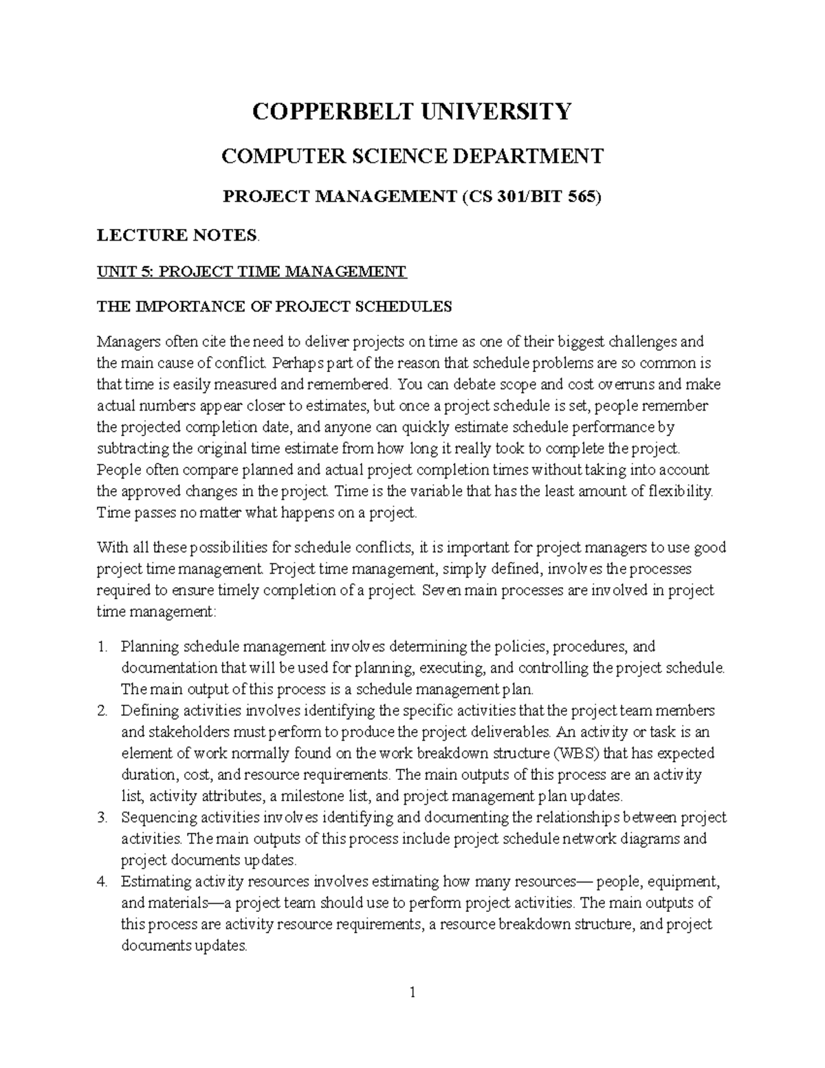BIT 565 - Project Time Management - COPPERBELT UNIVERSITY COMPUTER SCIENCE DEPARTMENT PROJECT ...