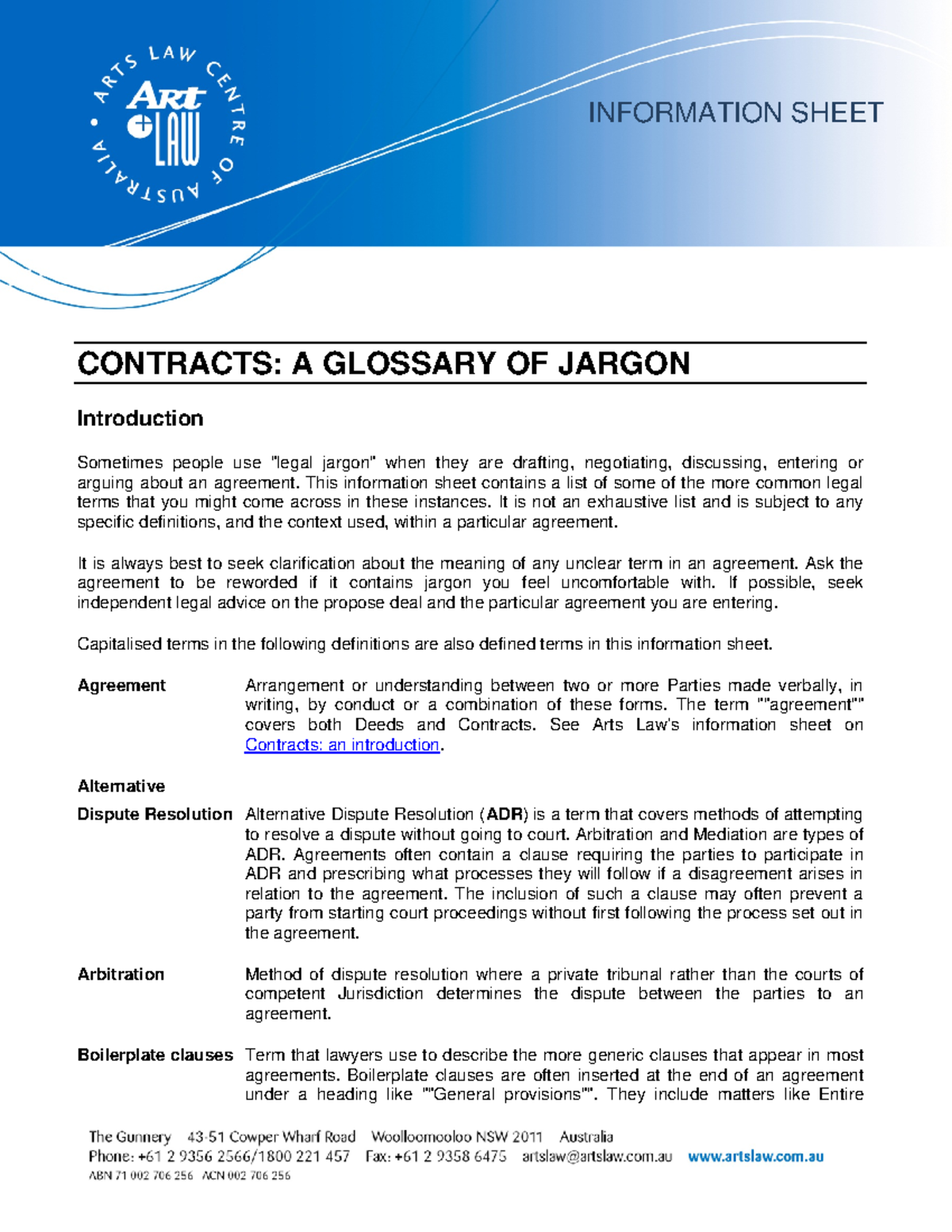 Contract- a glossary of jargon 06 - INFORMATION SHEET CONTRACTS: A GLOSSARY OF JARGON ...