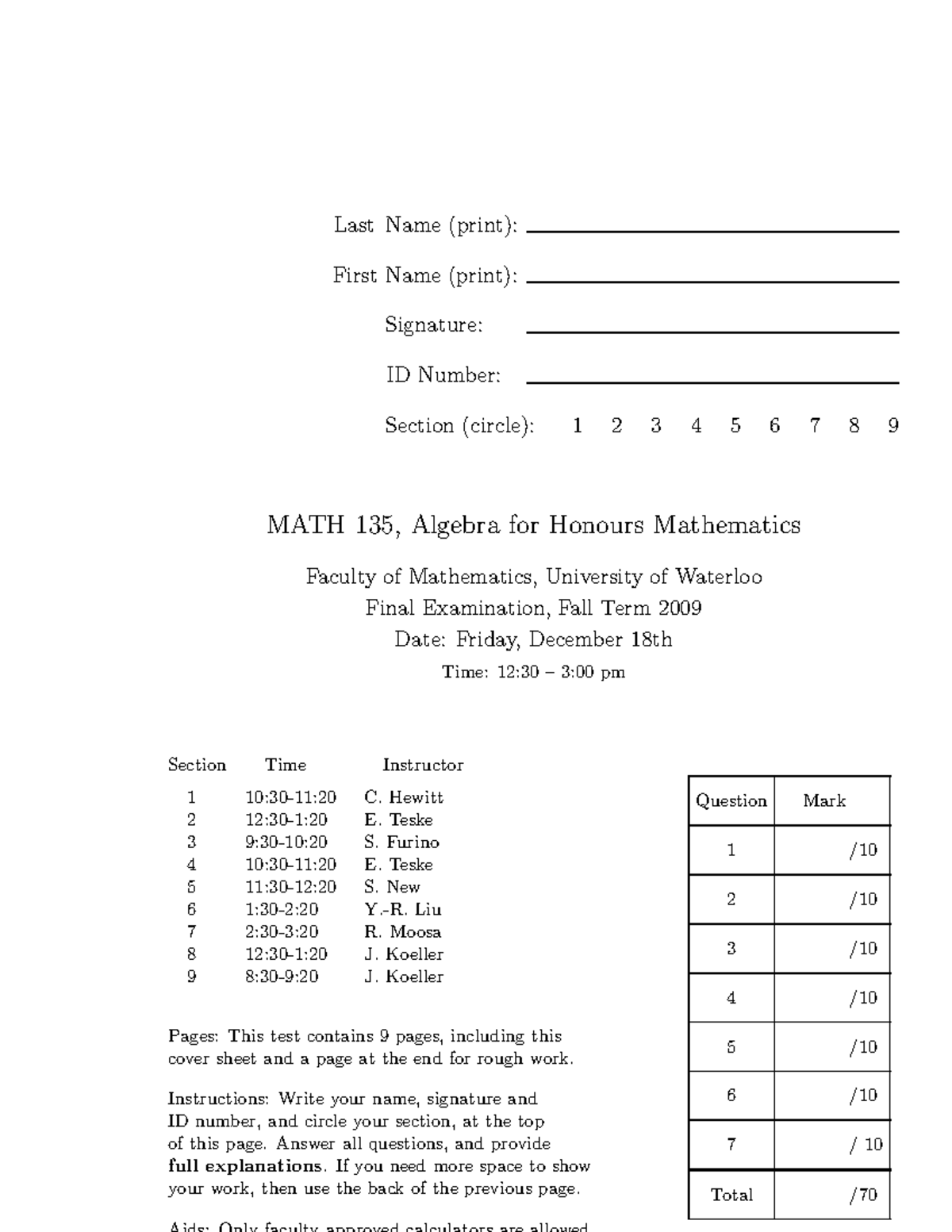 University of Waterloo Math135 Final Exam 2009 Fall - Last Name (print ...