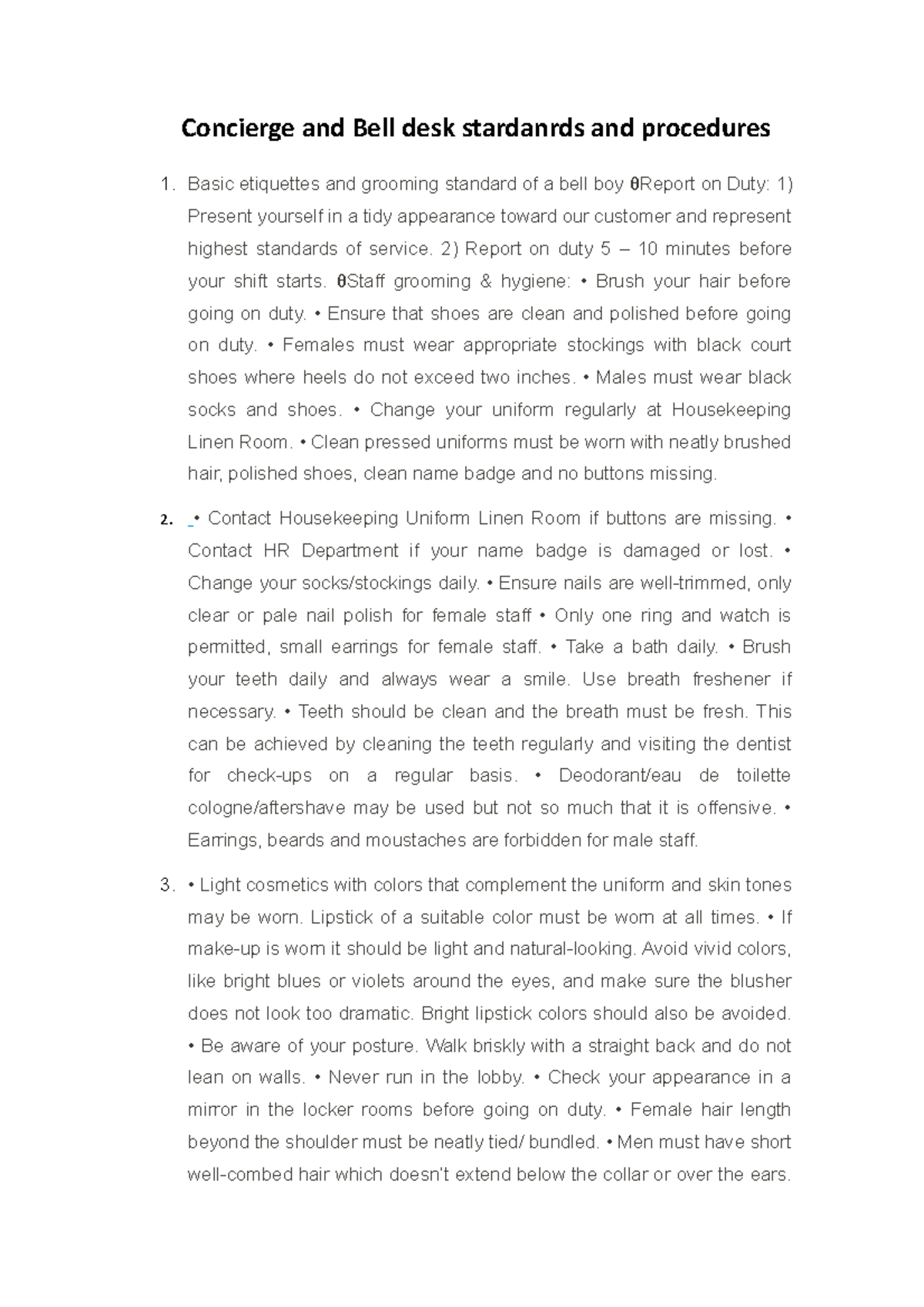 Concierge and Bells desk procedures - Concierge and Bell desk ...