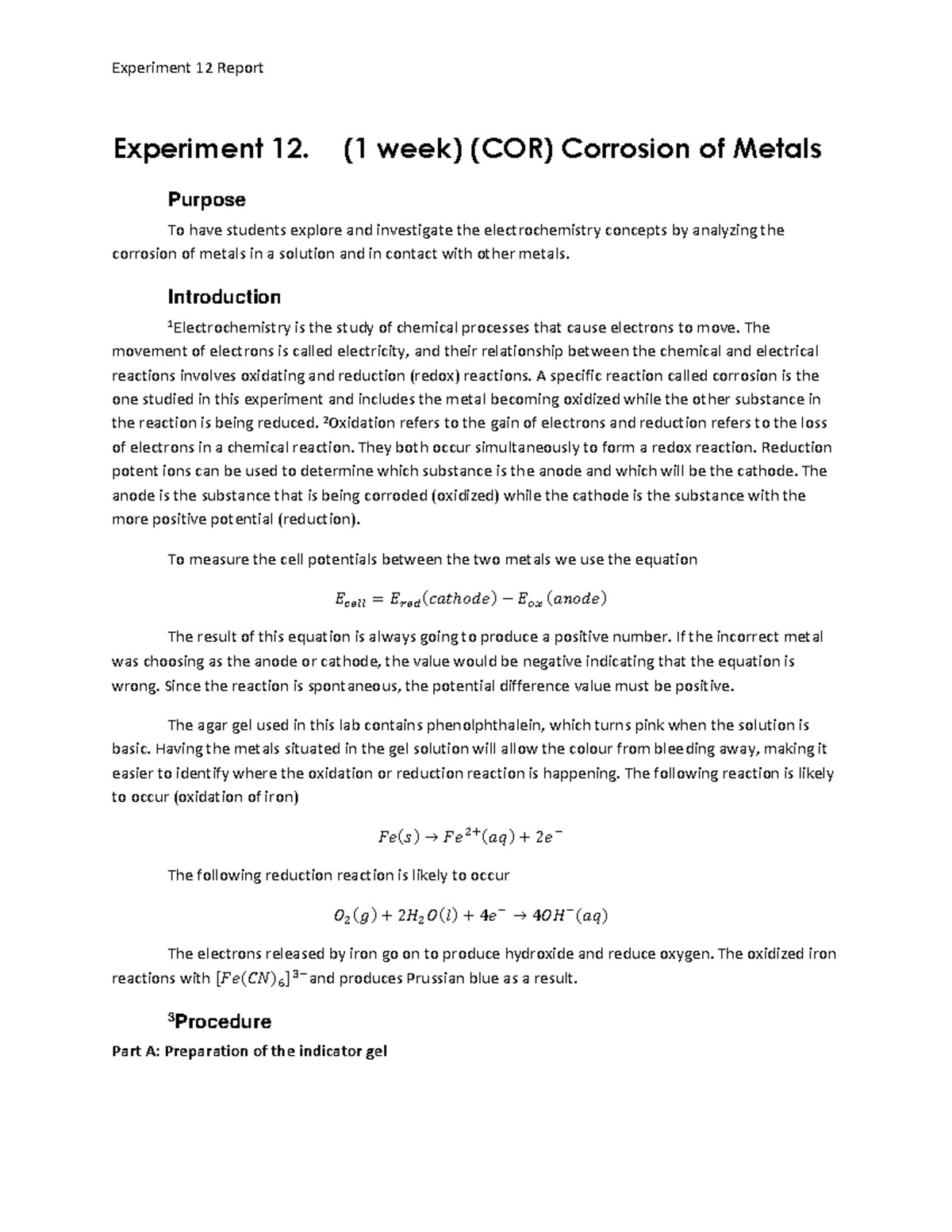 Corrosion of Metals lab - Experiment 12. (1 week) (COR) Corrosion of ...