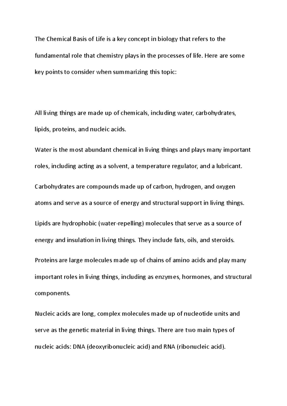 The Chemical Basis of Life - Here are some key points to consider when ...