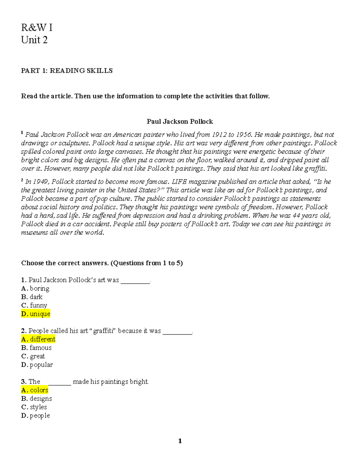 Unit 2 - cuestionario previo para repasar para la prueba de nivel - R&W ...