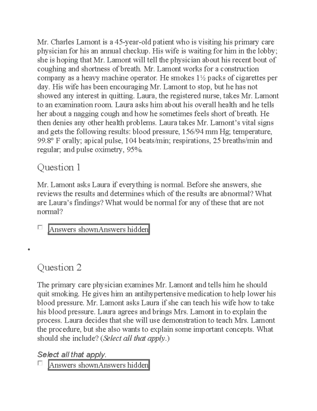 Vital Signs Case Study - Mr. Charles Lamont is a 45-year-old patient ...