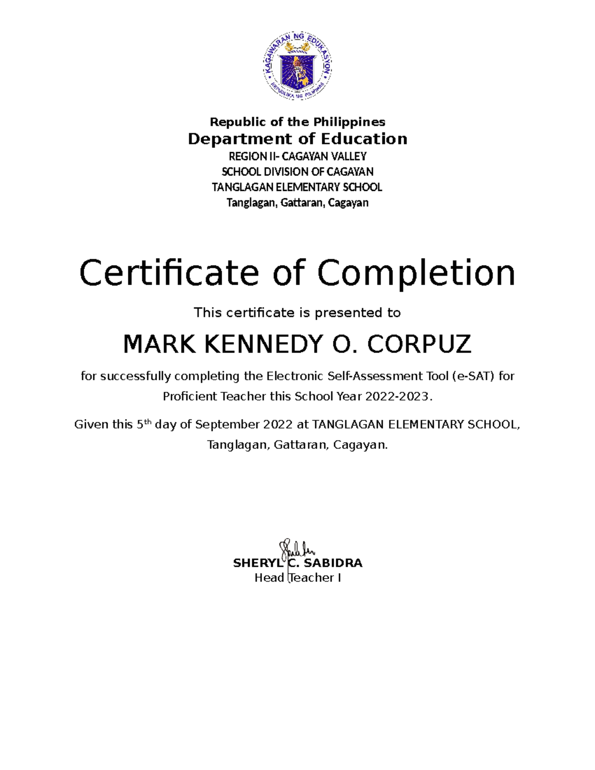 Certificate for e SAT - Republic of the Philippines Department of ...
