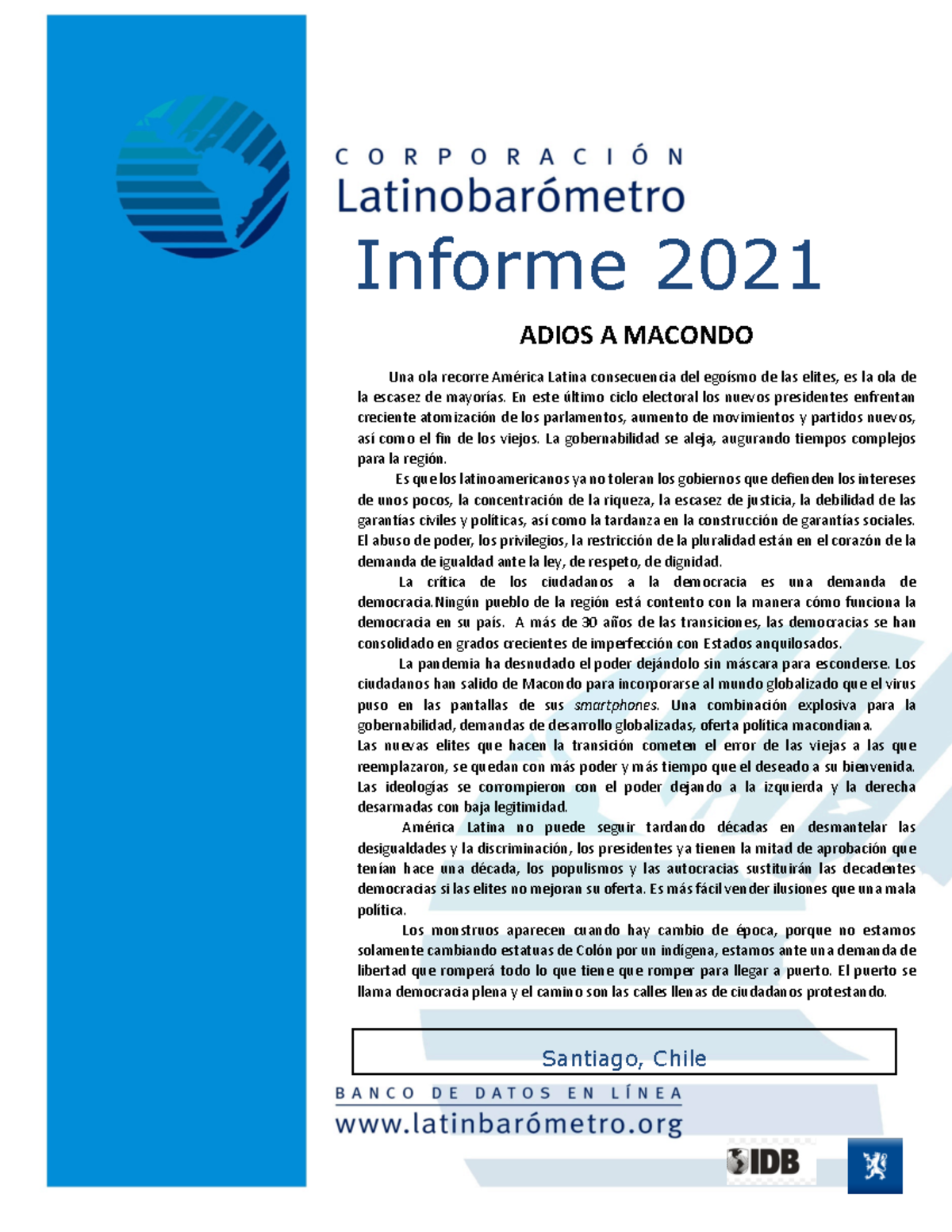 Latinobarometro Informe 2021 - ADIOS A MACONDO Una ola recorre América Latina consecuencia del ...