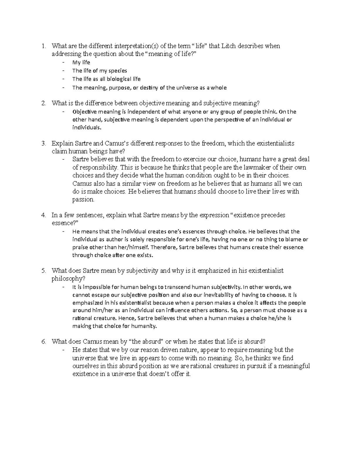 Existentialism - Assignment: Questions with answers - What are the ...