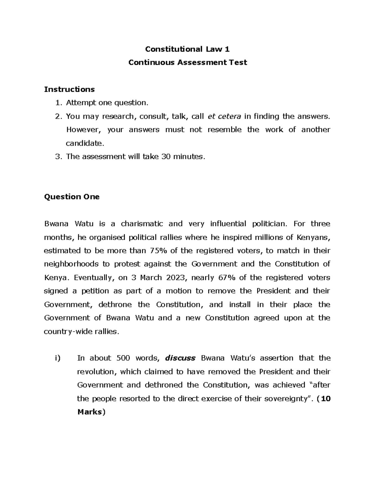 Constitutional Law 1 CAT - Constitutional Law 1 Continuous Assessment ...
