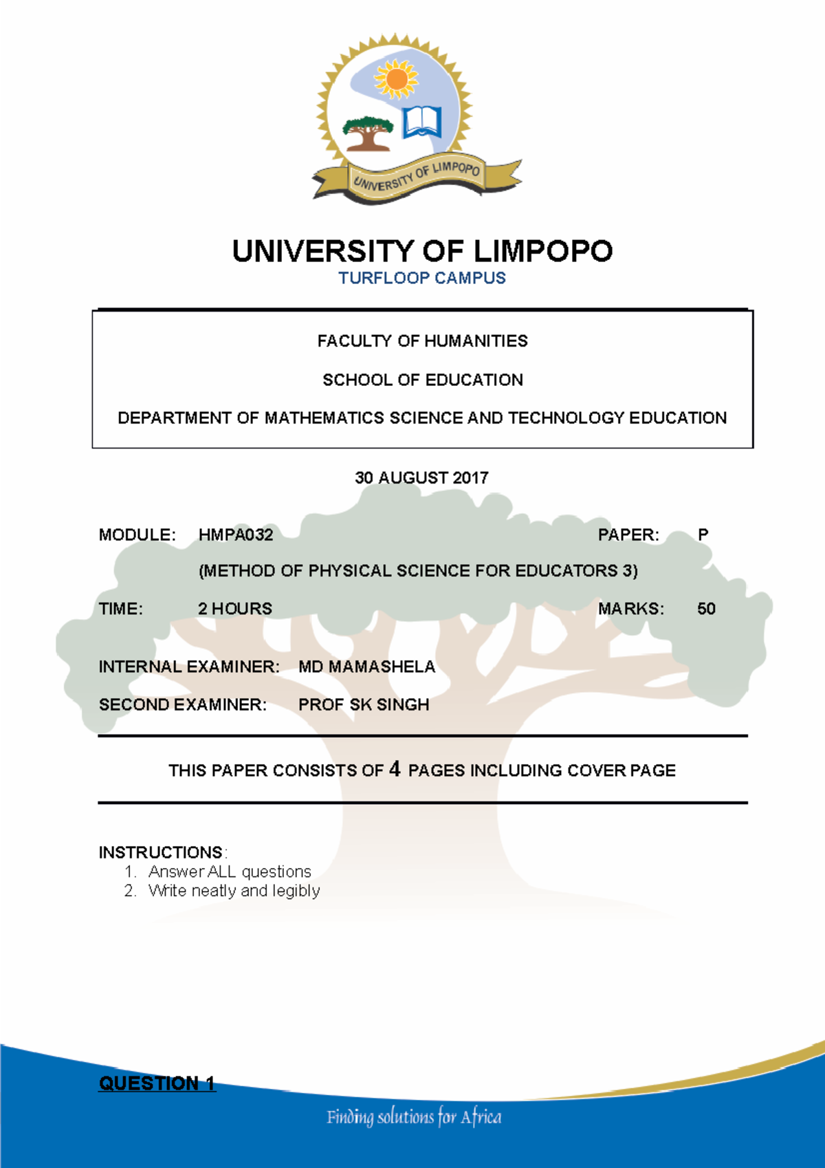 TEST 30 August - UNIVERSITY OF LIMPOPO TURFLOOP CAMPUS FACULTY OF ...