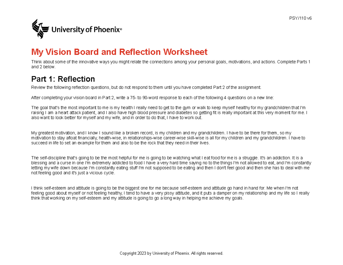 Psy110 v6 wk5 my vision board and reflection worksheet - PSY/110 v My ...