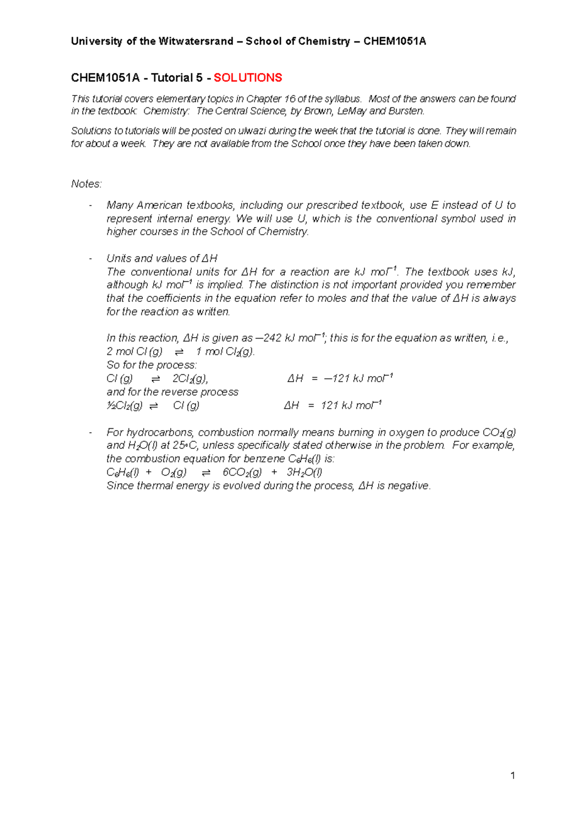 CHEM1051A Tut 5 Solutions 2024 - CHEM1051A - Tutorial 5 - SOLUTIONS ...