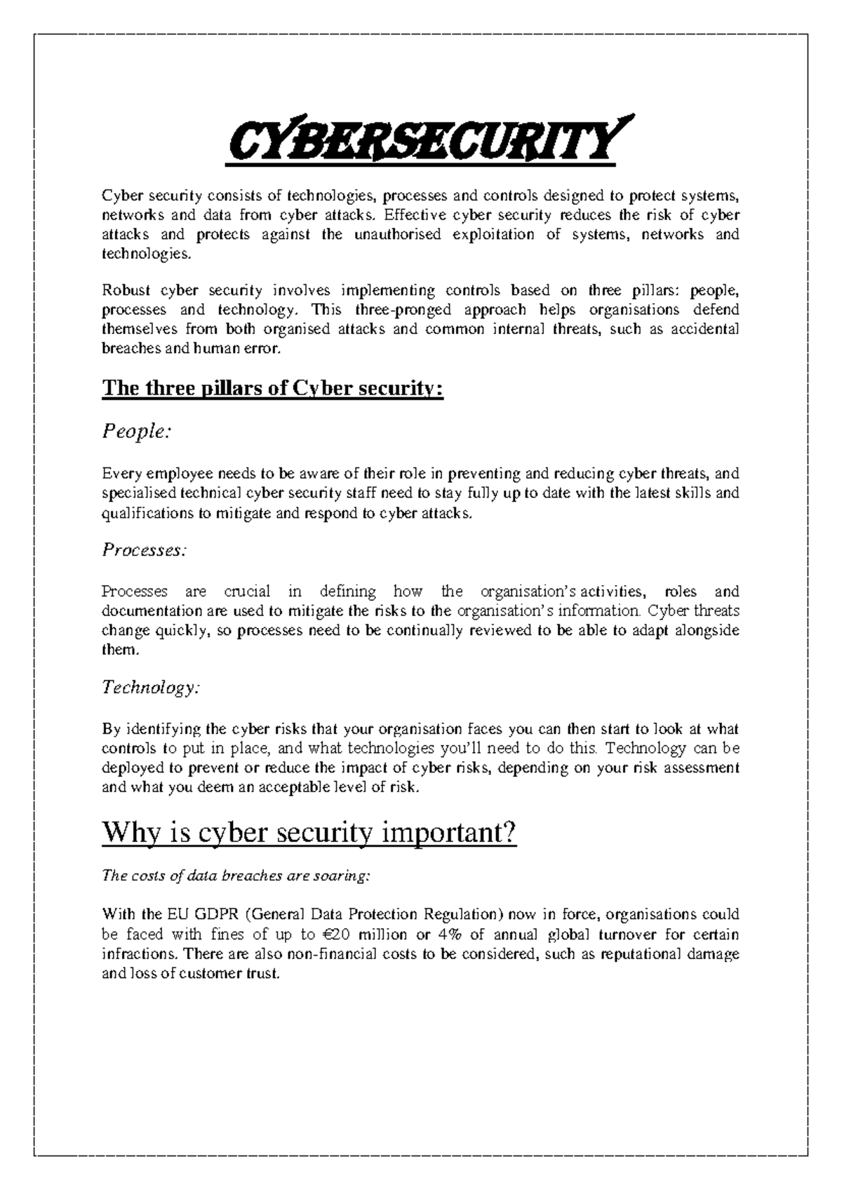 Cyber-Security-PDF - Lecture - Cybersecurity Cyber security consists of technologies, processes ...