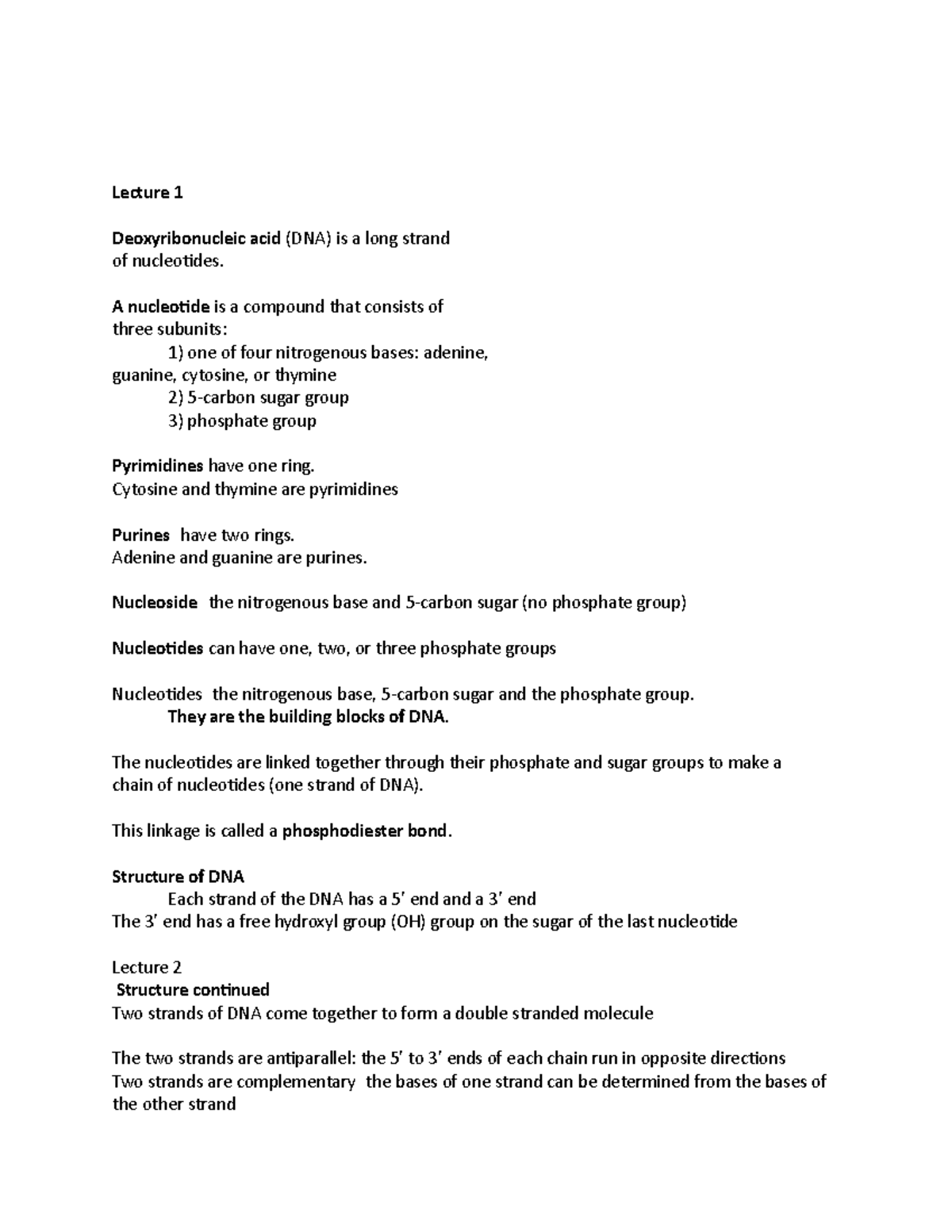 Genetic exam 1 SG - Lecture 1 Deoxyribonucleic acid (DNA) is a long ...