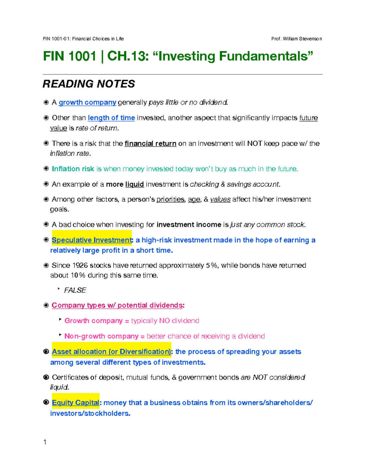 FIN 1001- CH.13 Notes - CH.13: "Investing Fundamentals" Topics: Company ...