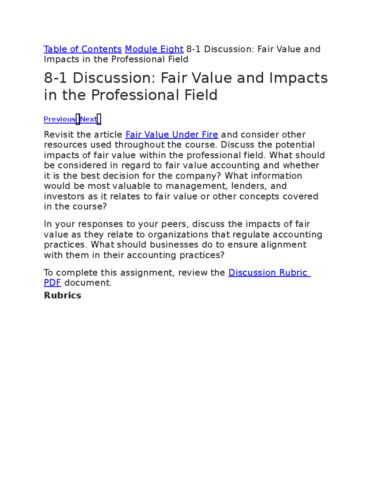 Discussion 8-1 - Table of Contents Module Eight 8-1 Discussion: Fair ...