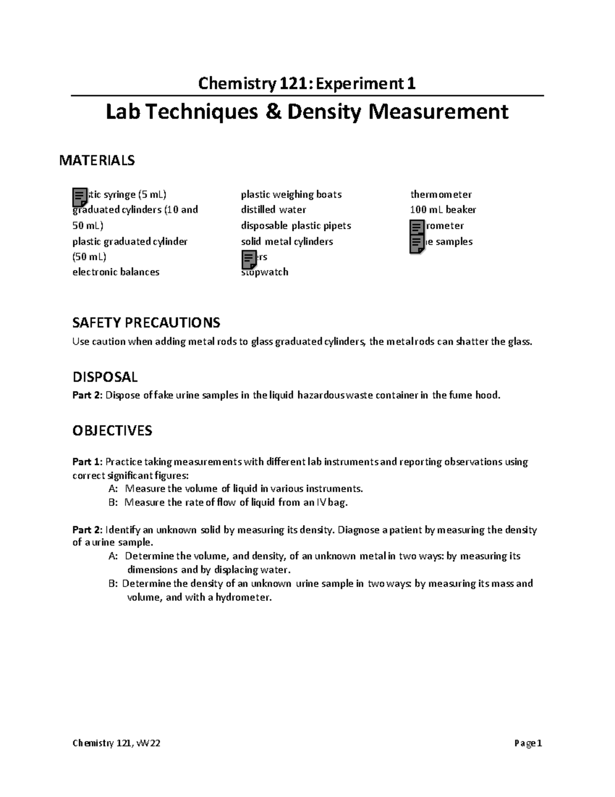 121 - LAB 1 - W22 - lab - Chemistry 121: Experiment 1 Lab Techniques ...