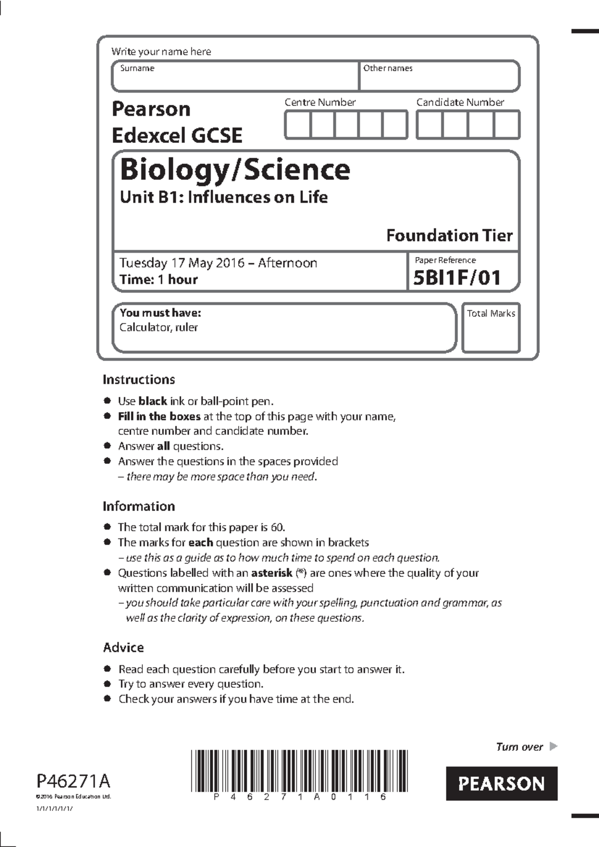 Gcse5 - worksheets - Centre Number Candidate Number Write your name ...