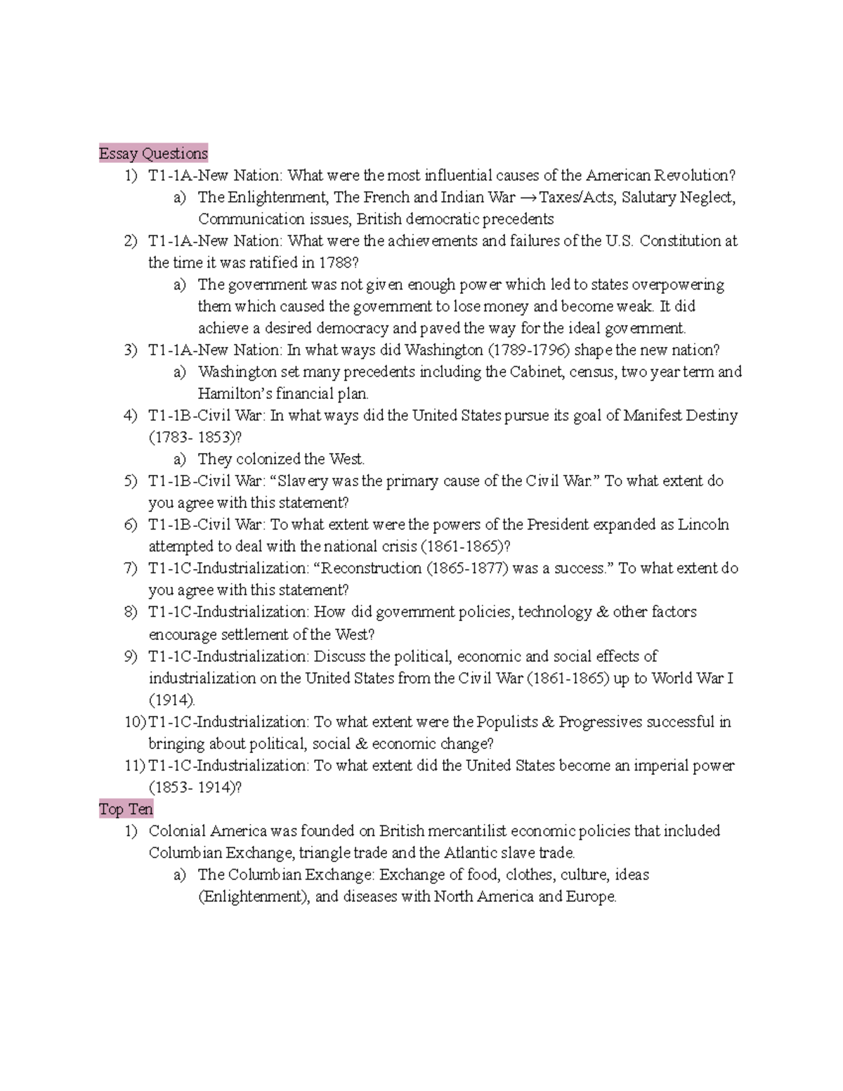 The 19th Century - Essay Questions 1) T1-1A-New Nation: What were the ...