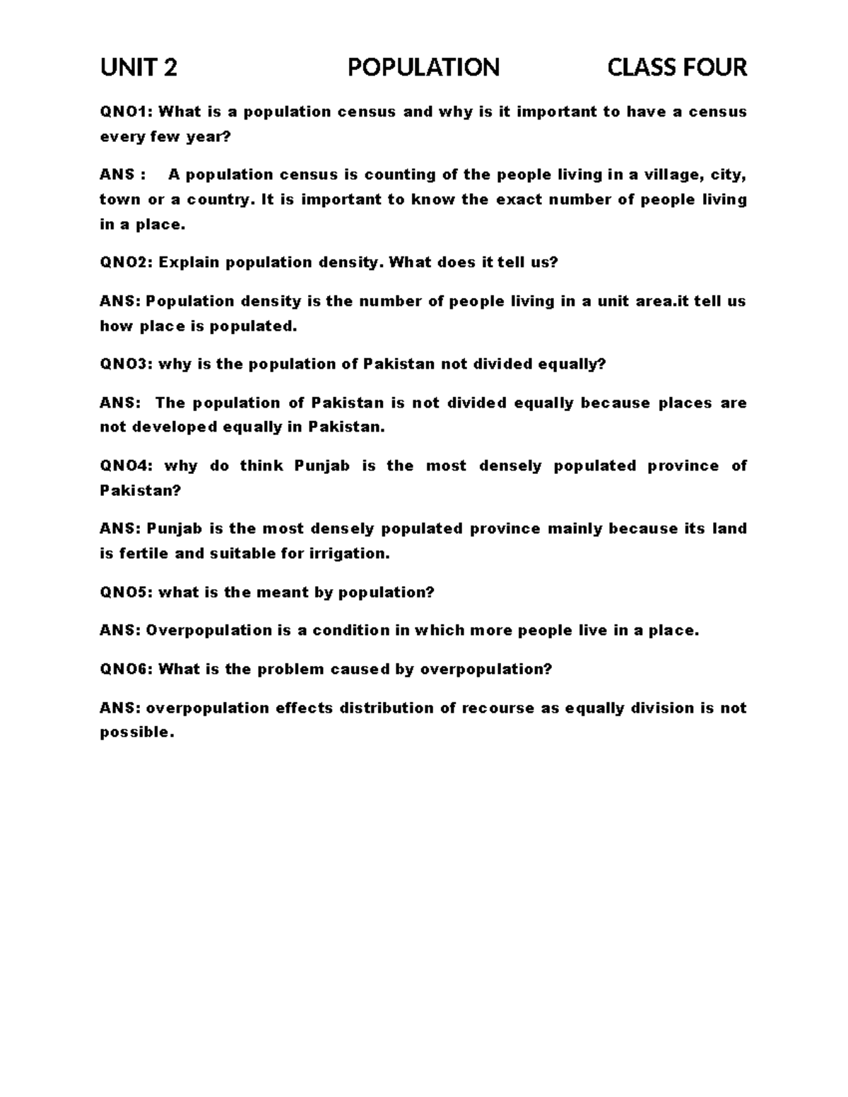 Notes for class four - UNIT 2 POPULATION CLASS FOUR QNO1: What is a ...