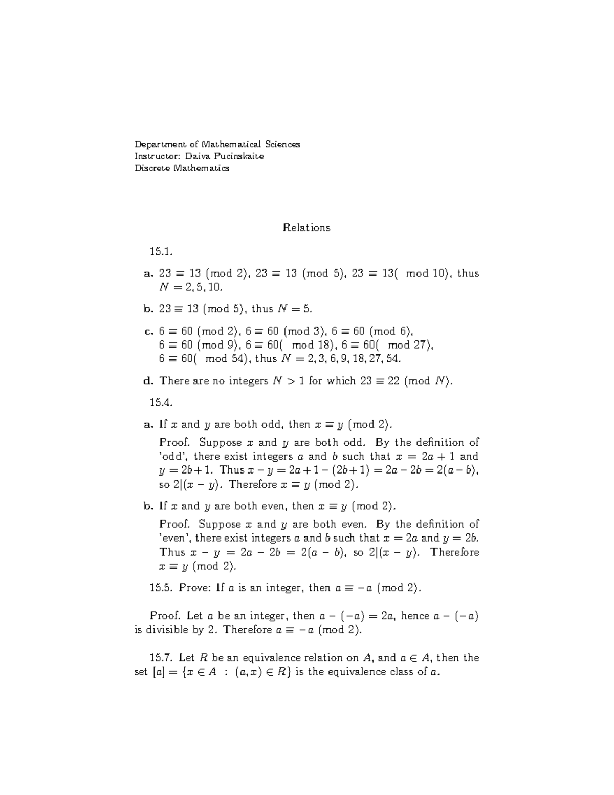 HW Solution Discrete Mathematics Equivalence Relations - Department of ...