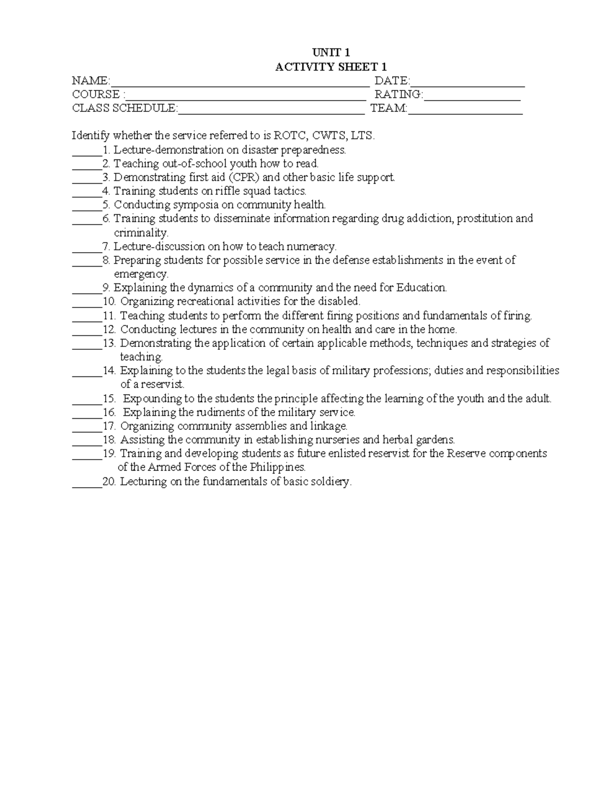 Lesson 1 UNIT 1 activities - UNIT 1 ACTIVITY SHEET 1 - Studocu