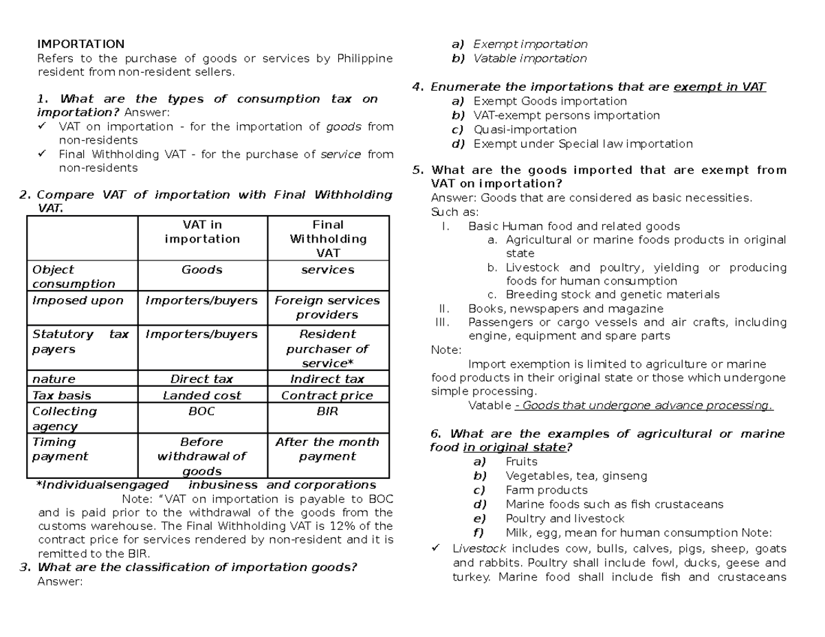 Importation - Business taxation summary - IMPORTATION Refers to the ...