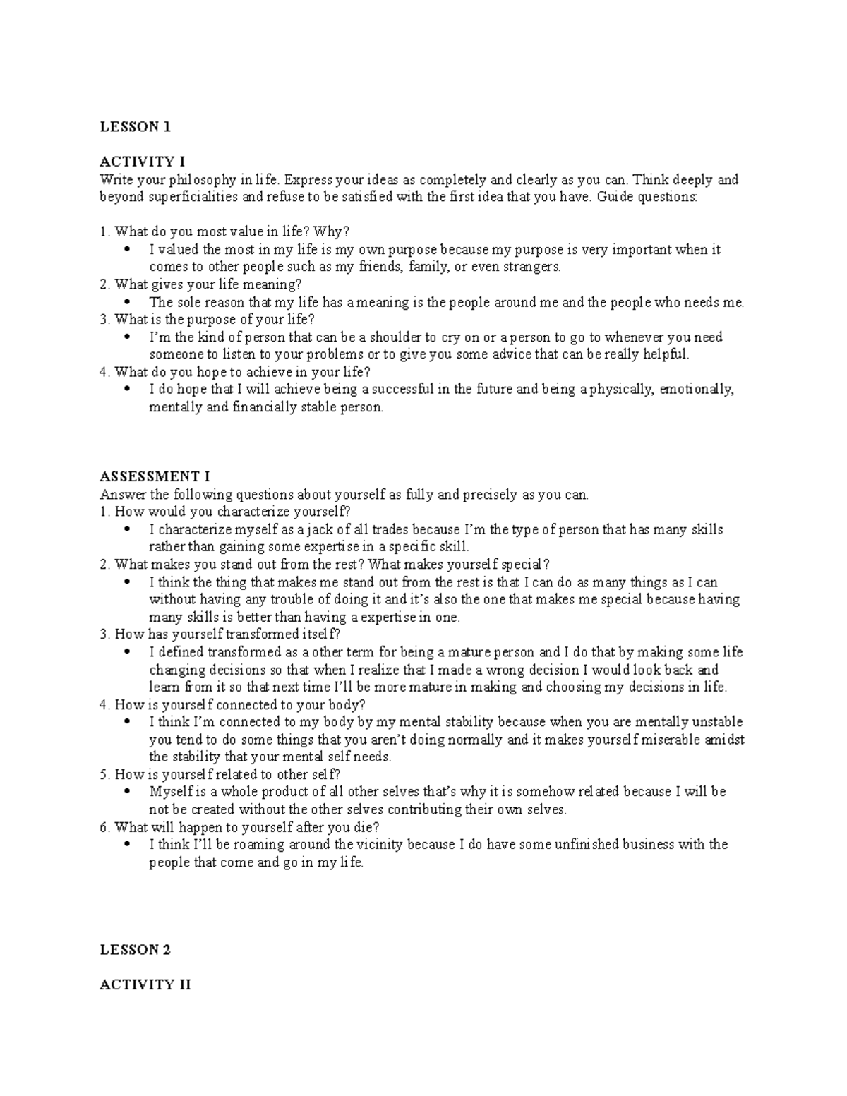 Understanding the self - LESSON 1 ACTIVITY I Write your philosophy in ...
