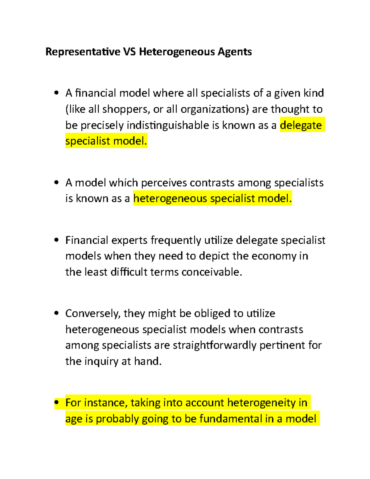 Representative VS Heterogeneous agents - A model which perceives ...