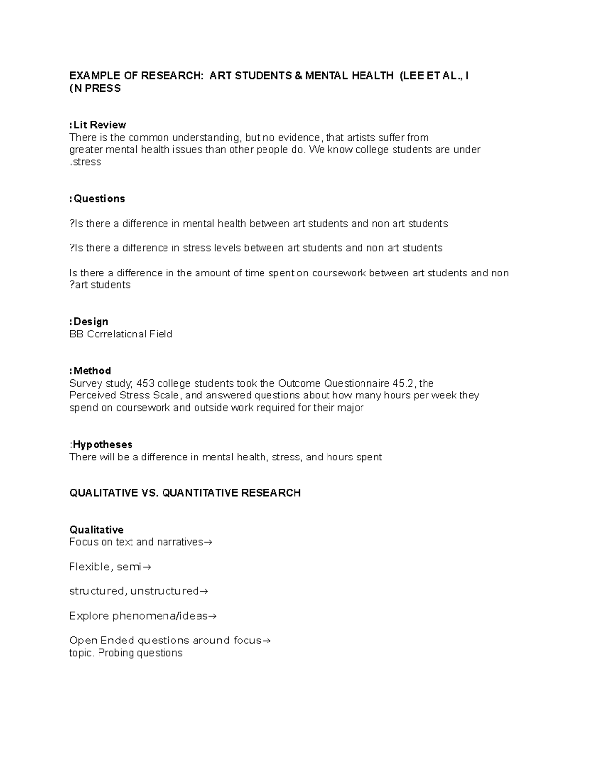 Week 3 notes - EXAMPLE OF RESEARCH: ART STUDENTS & MENTAL HEALTH (LEE ...