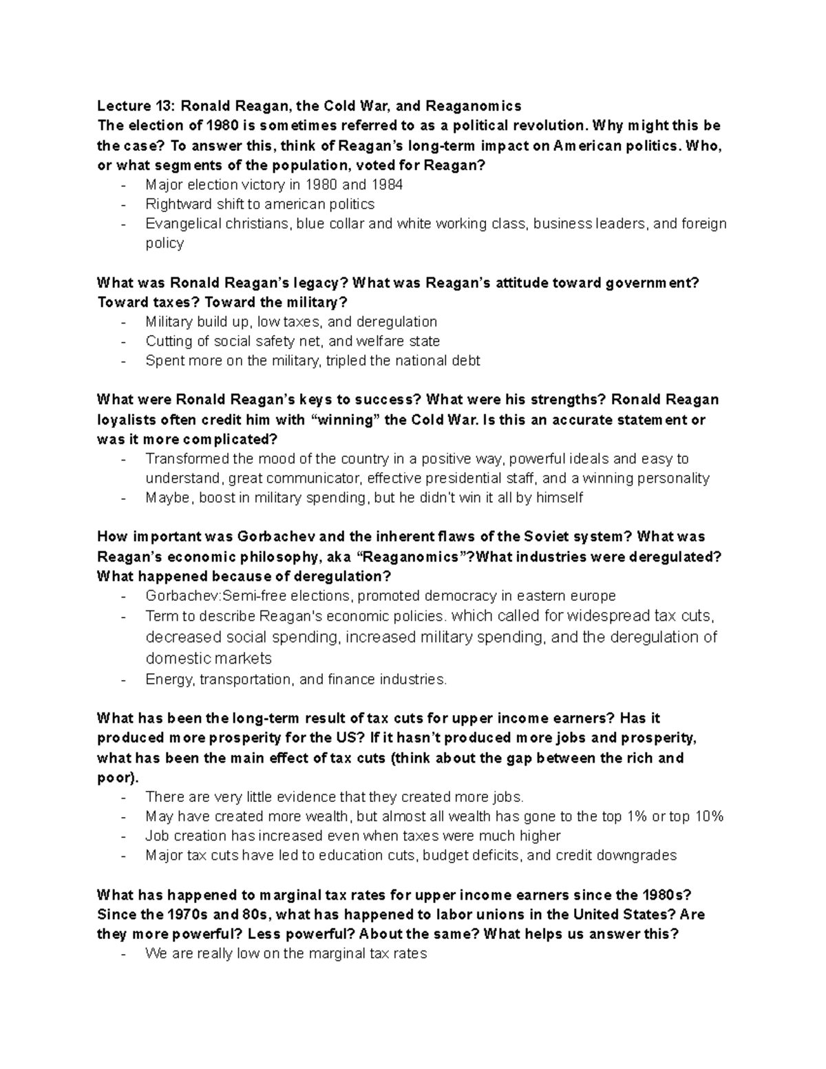 Lecture 13 HST - Notes - Lecture 13: Ronald Reagan, the Cold War, and ...