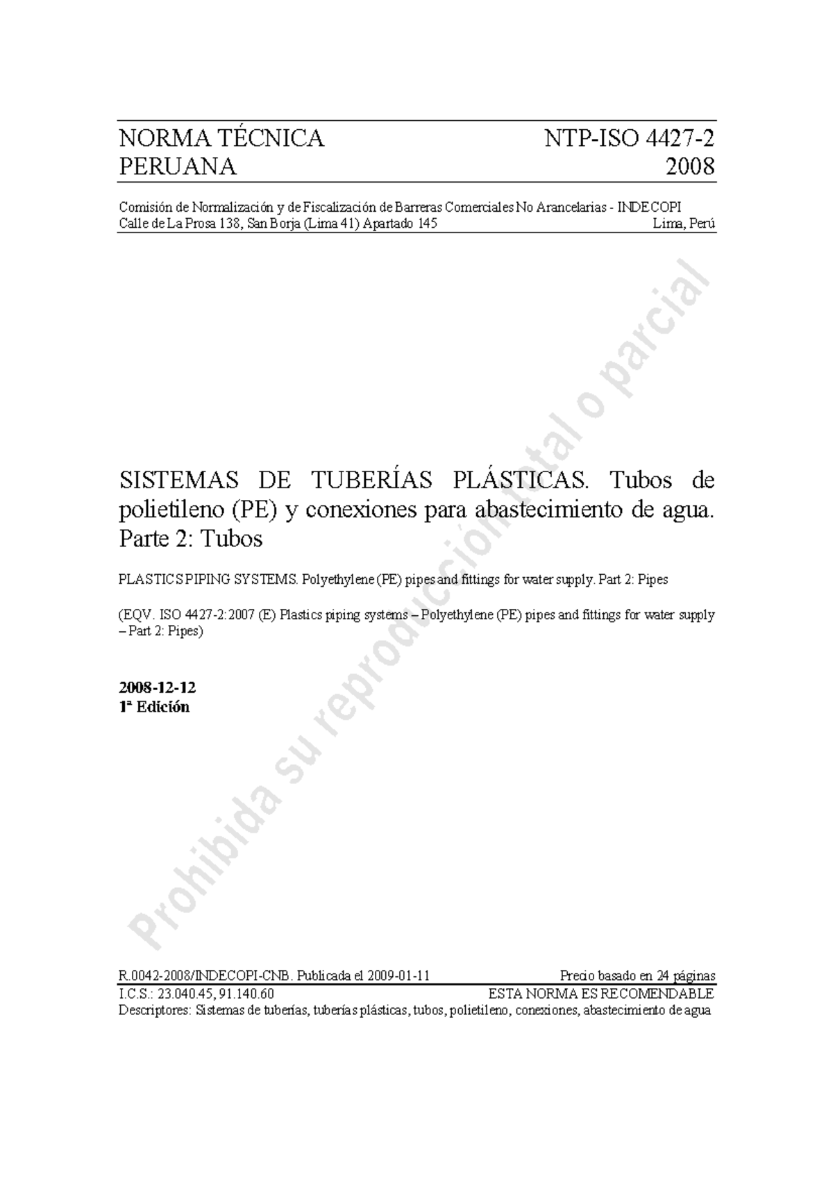 NTP ISO 4427-2-2008 - PERUANA 2008 Comisión de Normalización y de ...