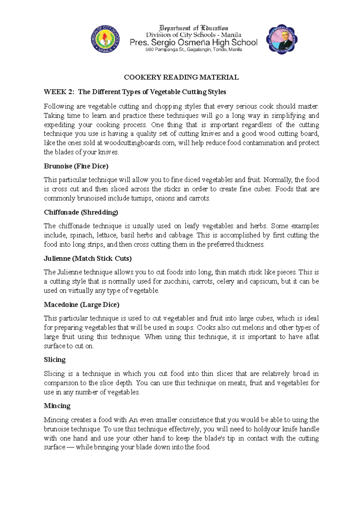 Cookery Reading Material week 2 - COOKERY READING MATERIAL WEEK 2: The ...